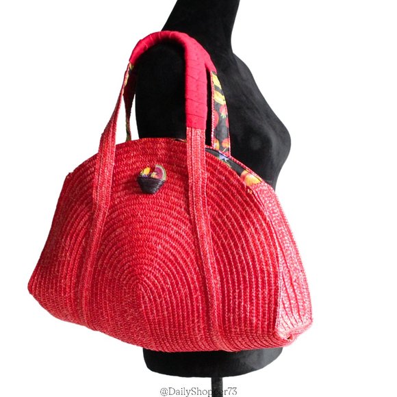 Hand Crafted | Bags | Womens Woven Red Straw Fruit Basket Themed Beach ...